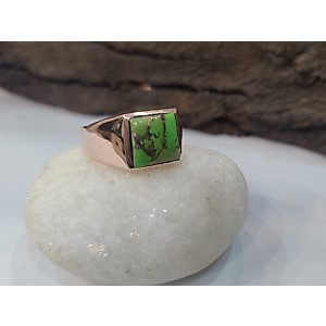 Green Copper Turquoise Ring, Mens Ring, Women Ring, 925 Solid Sterling Silver Ring, Signet Ring, Turquoise Gemstone Ring, Handmade Jewelry, Promise Ring for Partner (In copper, 10.50)