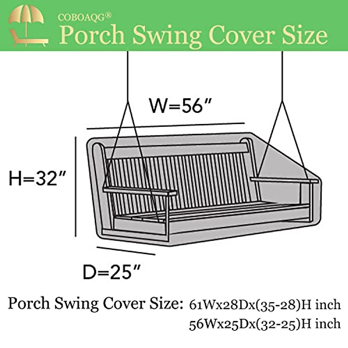 COBOAQG Porch Swing Cover Waterproof,Outdoor Hanging Swing Cover 61”Lx28”Lx(35-28)”H for Patio Garden Hanging Swing Chair 420D Oxford Fabric UV Resistant Weather Protector (Black)