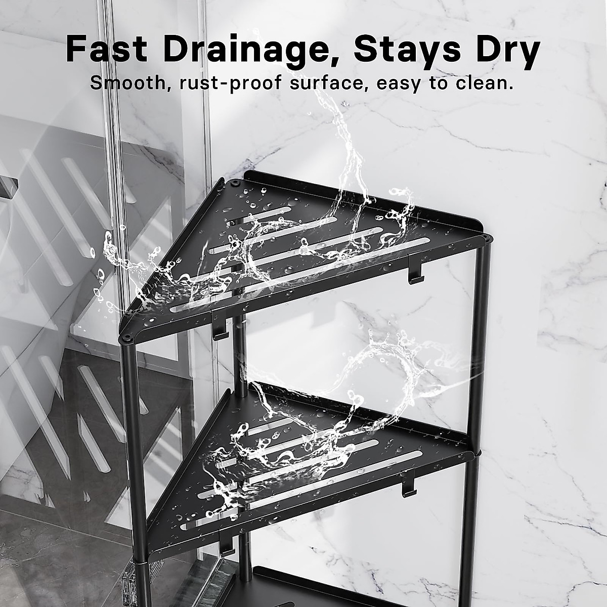 Kawaiita Corner Shower Caddy Stand, 3 Tier Floor Shower Organizer Stands for Inside Shower, Bathtub, Bathroom Corner Shower Shelf Rack with Adjustable Feet & 4 Hooks, Metal, Matte Black