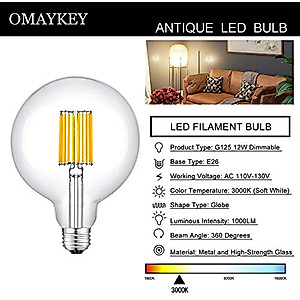 OMAYKEY 12W Dimmable Large LED Globe Bulb 3000K Soft White, 100W Equivalent 1000 LM E26 Medium Base, Vintage Edison G125 Large Globe Clear Glass LED Filament Light Bulb, Deep Dimming Version