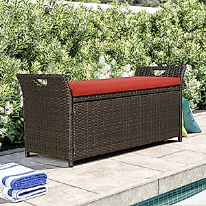 Patio Tree Outdoor Deck Storage Box, Patio Wicker Storage Bench, Rattan Storage Bins with Cushion (Red)