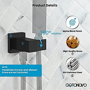 gotonovo Modern Bathroom Square Shower Bracket Matte Black Solid Brass Wall Mounted Water Supply Handheld Shower Holder Elbow with Shower Hose Connector by Male G1/2" Water Oulet