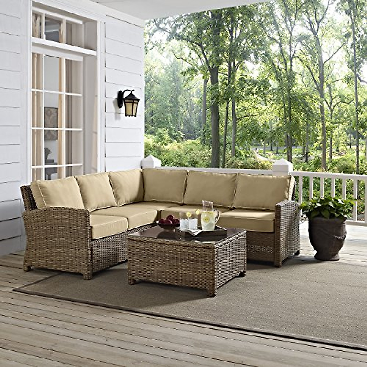 Crosley Furniture Bradenton 4-Piece Outdoor Sectional Sofa Wicker Conversation Patio Furniture Set for Deck, Brown with Sand Cushions