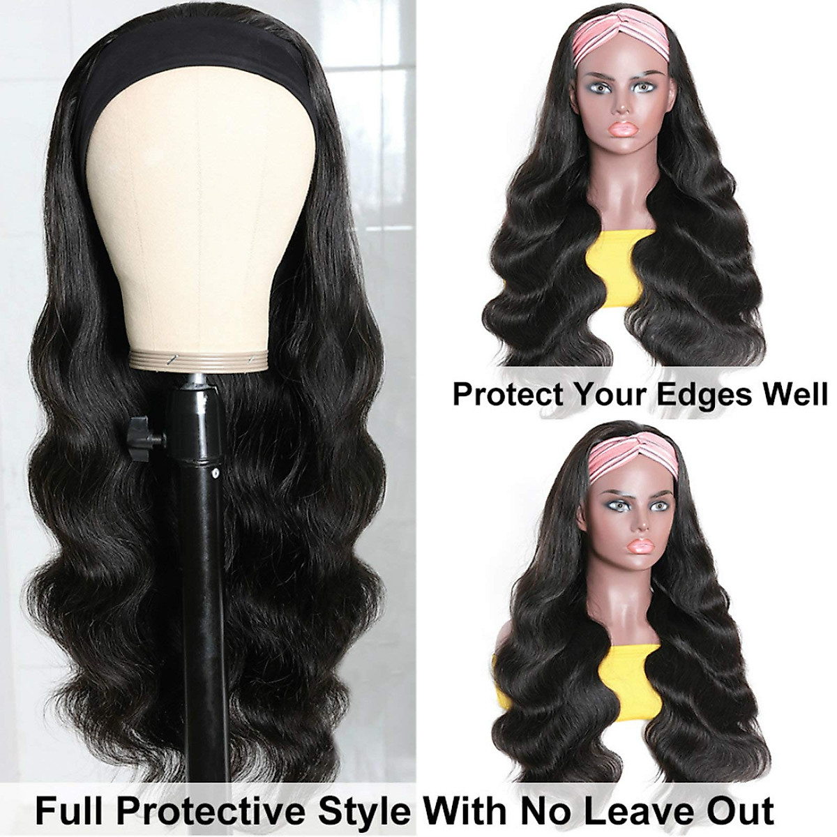 Headband Wigs for Black Women Human Hair Headband Wig Body Wave Human Hair Wigs 9A Brazilian Virgin Hair None Lace Front Wigs Wear and Go Glueless Wigs Human Hair 150% Density (14" Headband wigs)