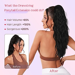 HOOJIH Ponytail Extension, Drawstring Ponytail Hair Extensions 26 Inch Long Curly Wavy Ponytail Natural Wavy Synthetic Hairpiece for Women Daily Use - Black Brown with highlights