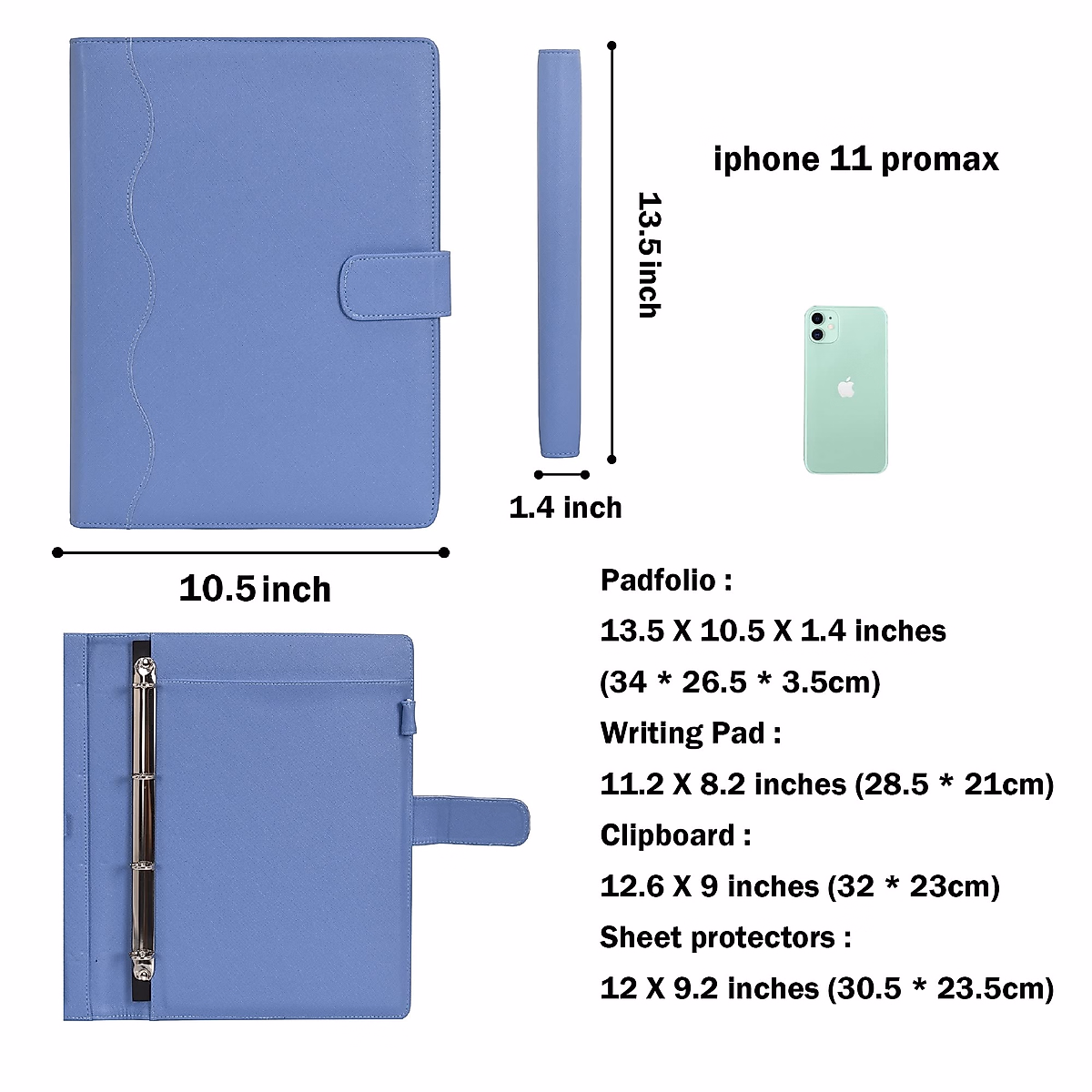 Wonderpool A4 PU Leather Ring Holder Writing Portfolio Multi Document Case with Removable Binder Clipboard and Functional Pocket for Organizer Office Travel School (Blue)