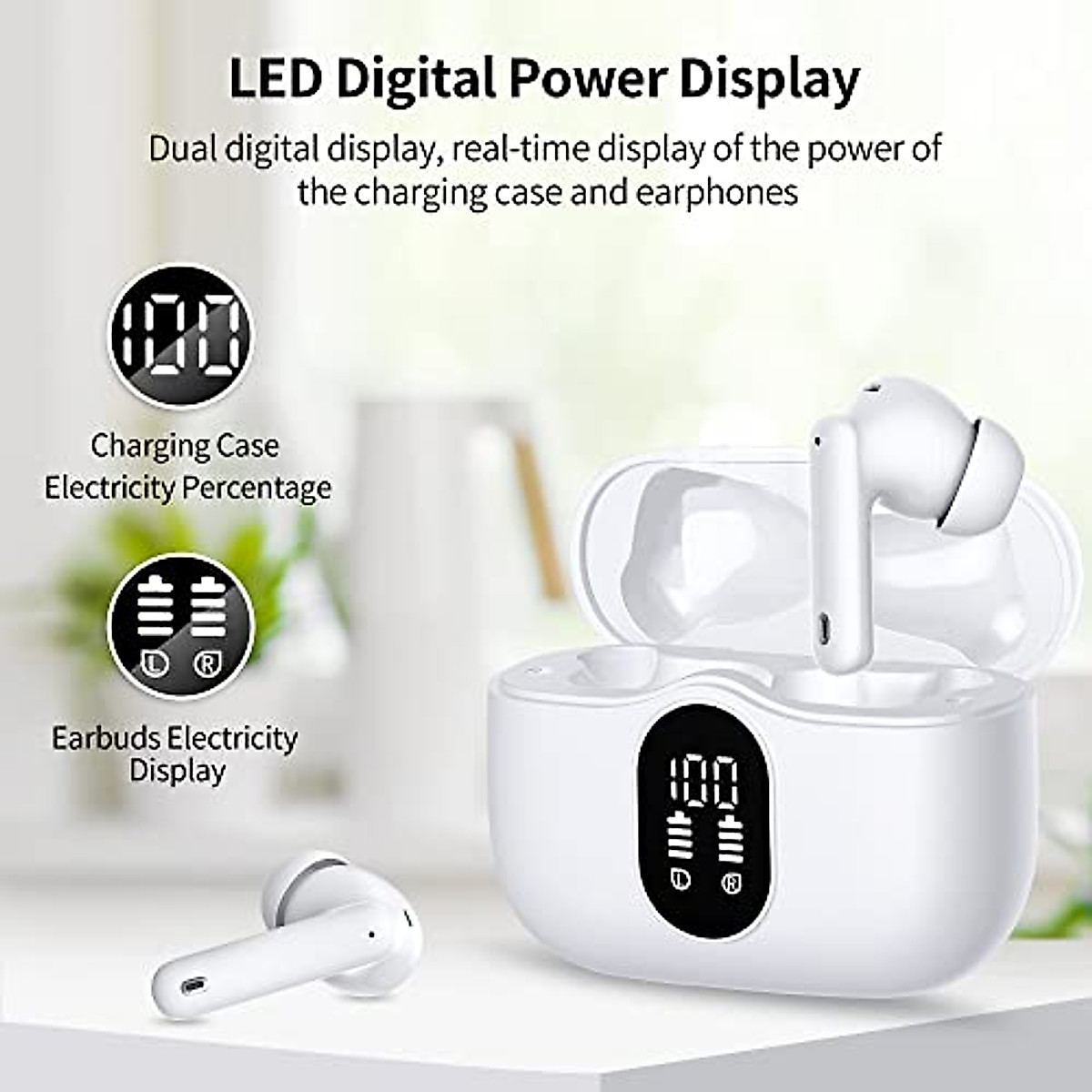 Wireless Earbuds Bluetooth Headphones LED Power Display Earphones Active Noise Cancelling Earbuds Hi-Fi Stereo Sound Ear Buds in-Ear Headphones Air Buds with Charging Case for iPhone Android PC