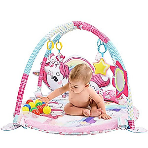 BATTOP Baby Play Mat Activity Gym,4-in-1 Play Gym with Ball Pit,Sensory Toys,Mirror,Head Rest,Cognitive Development Baby Activity Play Mat,Non Slip Tummy Time Mat for Newborns,Babies,Toddlers（Pink）