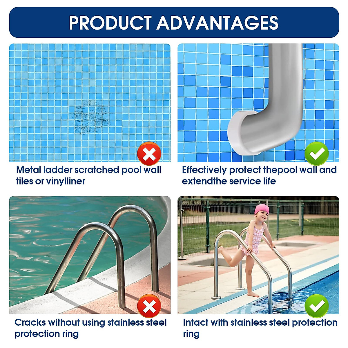 4 Pool Ladder Bumpers for Inground Pool & 4 Stainless Steel Pool Ladder Escutcheon Plates, Rubber Pool Ladder Inside Plug Bumper Caps & Pool Ladder Rings Fits 1.90” Pool Ladder Tubing (B)