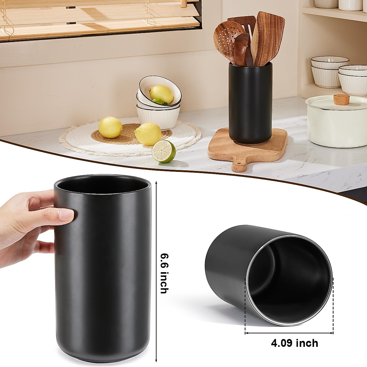 Black Matte Ceramic Countertop Utensil Holder - 6.6in Modern Spatula Holder for Farmhouse Kitchen Decor