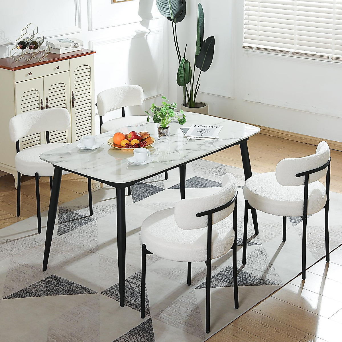 Hooseng White Dining Chairs Set of 2, Modern Kitchen Dining Room Chairs, Round Upholstered Boucle Chairs with Curved Backrest and Black Metal Legs for Kitchen, Dining Room, Living Room