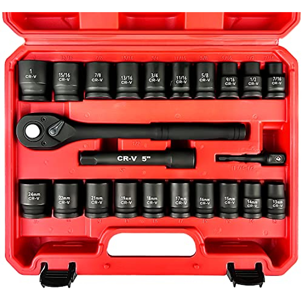 WETT 1/2-Inch Drive Socket Wrench Set, 23 Piece Impact Socket Sets, Shallow SAE/Metric, 13mm-24mm, 7/16"-1", 72 Teeth Quick Release Ratchet, Adapter and Extension Bar