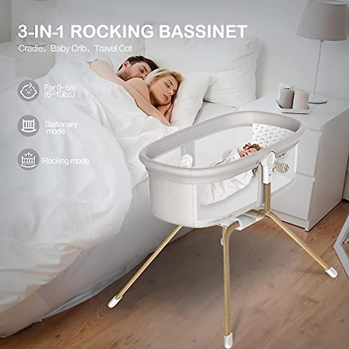 ANGELBLISS 3 in 1 Rocking Bassinet & Baby Bassinet Bedside Crib, One-Second Convert Travel Portable Bassinet Newborn Baby (White)