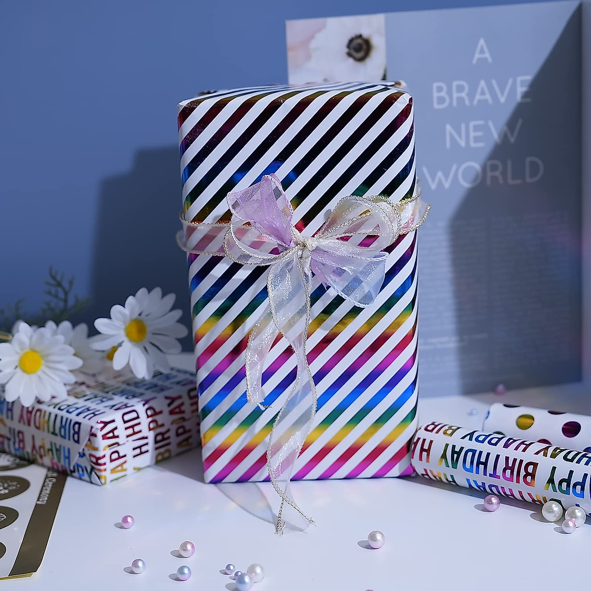 KORSEEN Gift Wrapping Paper Roll, Rainbow Gold Foil Wrapping Paper for Birthday, Party, Holiday - 3 Mini Rolls Birthday Gift Wrap - 17 x 120 Inch Per Roll