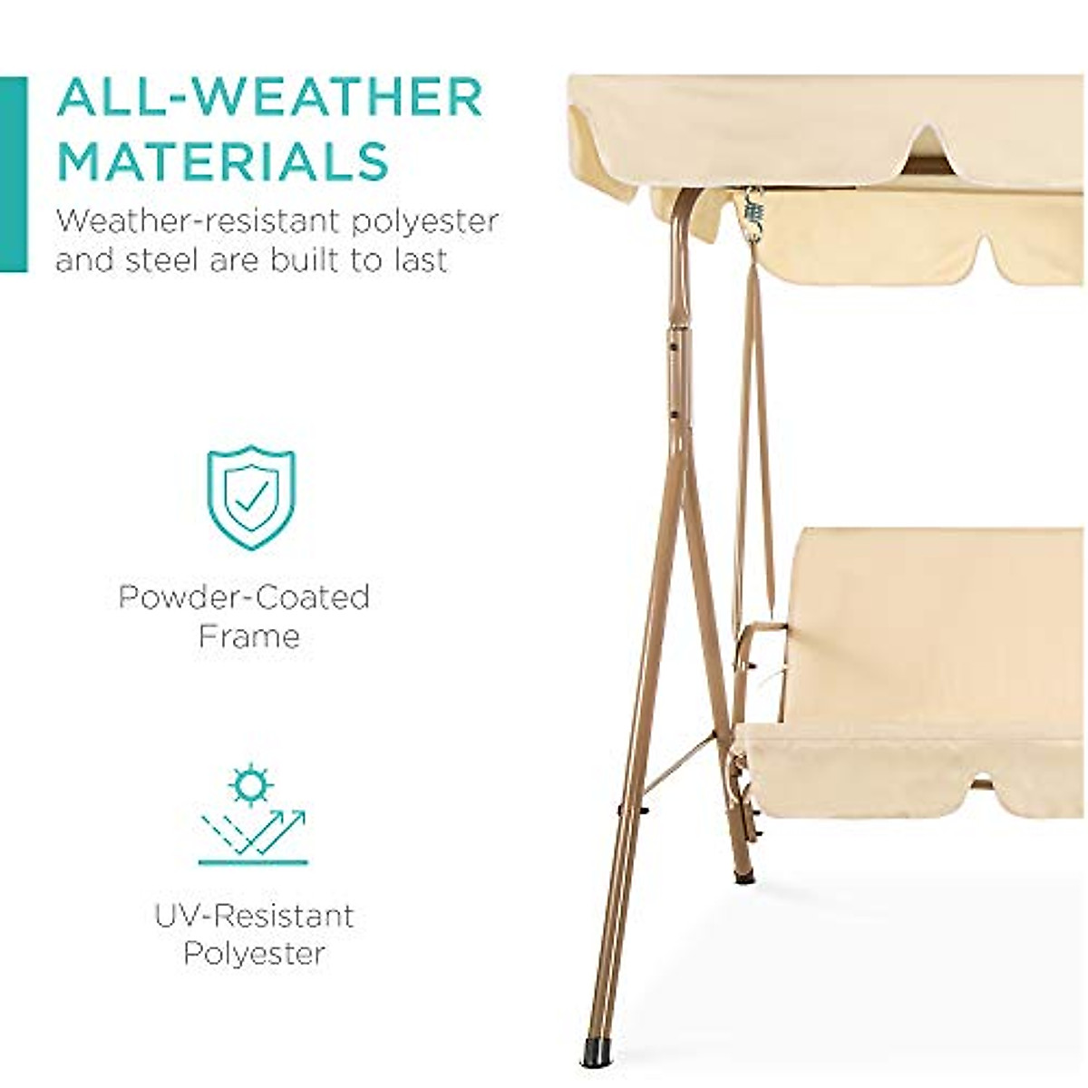 Best Choice Products 2-Person Outdoor Patio Swing Chair, Hanging Glider Porch Bench for Garden, Poolside, Backyard w/Convertible Canopy, Adjustable Shade, Removable Cushions - Beige