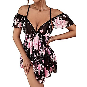 Verdusa Women's Casual Sleepwears Floral Print Cold Shoulder Crisscross Backless Spaghetti Strap Chiffon Nightdress Multicolor M