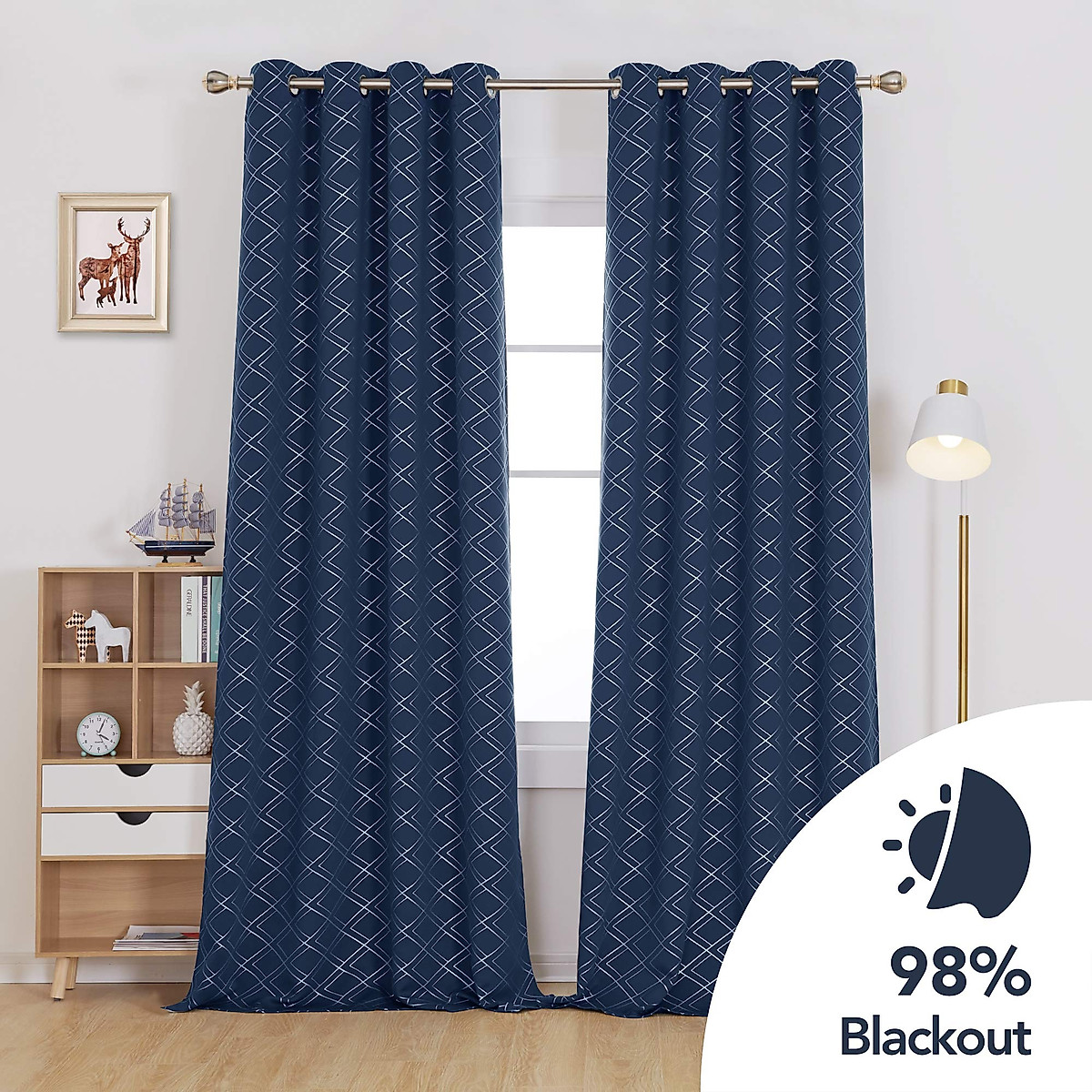 Deconovo Sliding Glass Door Curtains (52x108 Inch, Navy Blue/Silver, 2 Panels) Light Blocking Panels, Thermal Drapes, Silver Patterned Window Treatments