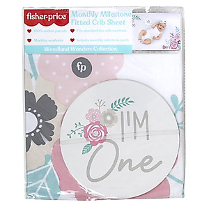 Fisher Price Cotton Fitted Crib Sheet Woodland Wonders Forest Theme Milestone Blanket for Baby Girl with Milestone Blanket Marker Wreath