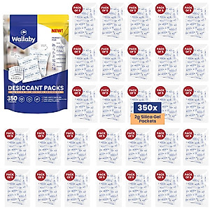 Wallaby 2 gram (350 Packets) Food Safe Pure White Silica Gel Desiccant Dehumidifier Packs - Rechargeable & Coated Moisture Absorbers - Protects Against Moisture Damage - (Packed in 70x Sets of 5)