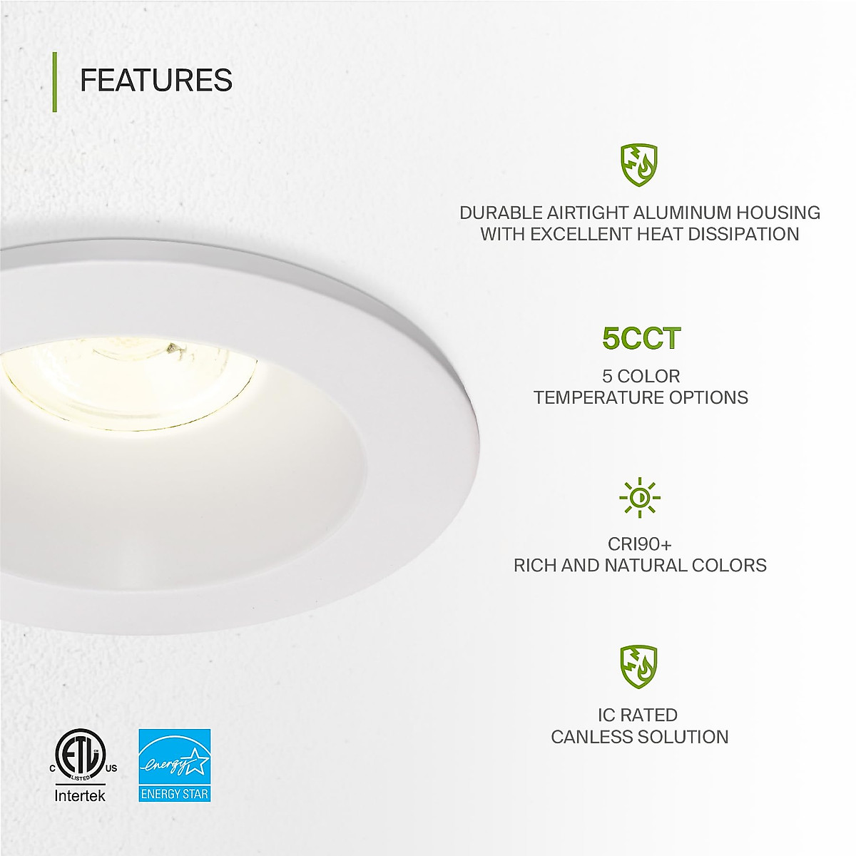 ASD 2 Inch LED Recessed Lighting, 15W 120V LED Downlight, 5 CCT 2700K-5000K, Canless Dimmable LED Downlights for Ceiling with J-Box, Smooth Reflector, CRI 90+, IC Rated, ETL Energy Star, White 18 Pack