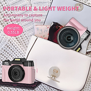 Digital Cameras for Photography VJIANGER 4K 48MP YouTube Camera for Vlogging with 3.0" Flip Screen, 16X Digital Zoom, Include 52MM Wide Angle & Macro Lens, 32GB SD Card, 2 Batteries (Re7-Pink)