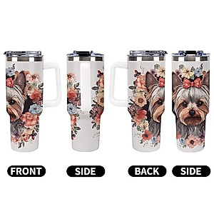 WYUSPGK 40oz Stainless Steel Car Mug, Yorkie Floral Print Travel Mug, Double-Wall Insulated with Straw, Perfect for Car, Office, Outdoor