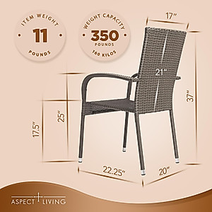 Aspect Living 65254 Morgan Outdoor Wicker Stacking Hand Woven All Weather Steel Powder Coated Frame Lightweight Indoor Outdoor Porch Backyard Garden Balcony - Set of 2 - Weathered Gray