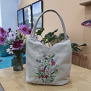 HCRAFT Embroidered Handbags for Women, Large Colorful Flower Shoulder Tote Bag with Zipper,13.8x6.3x14.5, Fabric Tote Bag, Hobo Bags For Women, Mother's Day Bag, Tote Bag Aesthetic with Inner Pocket