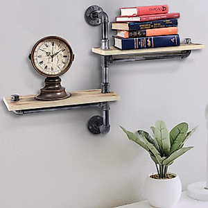 MENZOM Rustic Industrial Pipe Shelves - Corner Floating Shelf with Wood Panels - 2-Tier Wall Mounted Bookshelf - Versatile Storage Solution for Bedroom,and Home Decor - Wall Floating Pipe Rack（K）