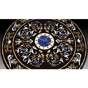 Natural Black Marble Round 24" x 24" Inch Coffee Table Top, Pietra Dura Semi Precious Stones Inlay Centre Table Top, Patio Table Top, Side Table Top, Piece Of Conversation, Family Heir Loom