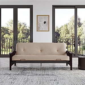 DHP Laurel Full Size Espresso Wood Arm Futon Frame with 6" Thermobonded High Density Polyester Fill Tan Microfiber Mattress
