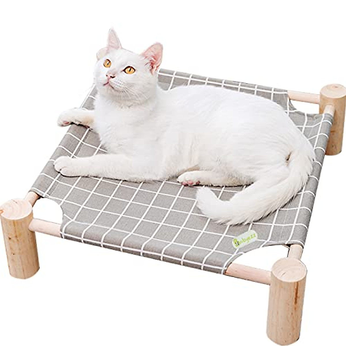 Babyezz Cat and Dog Hammock Bed, Wooden cat Hammock Elevated Cooling Bed, Detachable Portable Indoor/Outdoor pet Bed, Suitable for Cats and Small Dogs (Gray Grid)