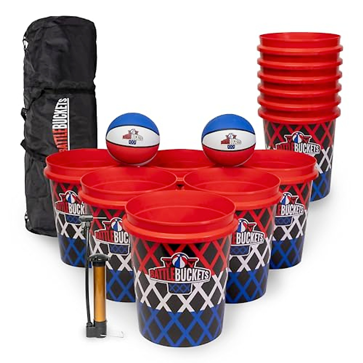 Battle Buckets Giant Yard Pong X Basket Ball Game with Durable Balls and Buckets - Outdoor Game for Lawn, Backyard and Beach - Set includes Buckets, Basket Balls and a Carrying Bag