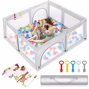 Baby Playpen with Mat,70"x59" Baby Playpen for Babies and Toddlers,Kids Playard Activity Center with Anti-Slip Design,Zipper Gates with Visible Mesh,Hand Rings