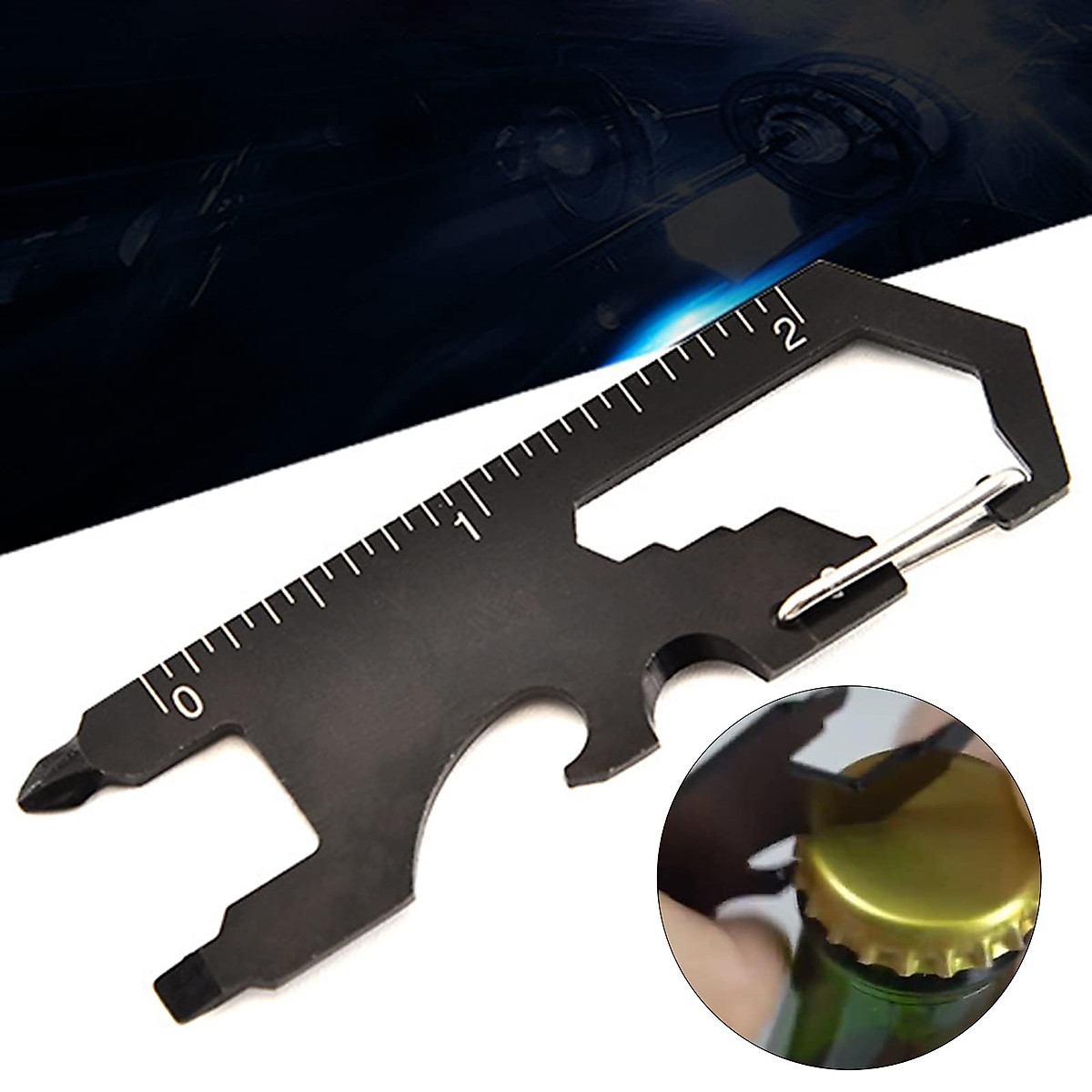 High Strength Measuring Rule Carabiner Tool, Mini Portable Multifunctional Screwdriver Keychain, Slim Design Fits in Your Pocket, Survival Credit Card Multitool Cool Gadget Gifts for Men Women Black