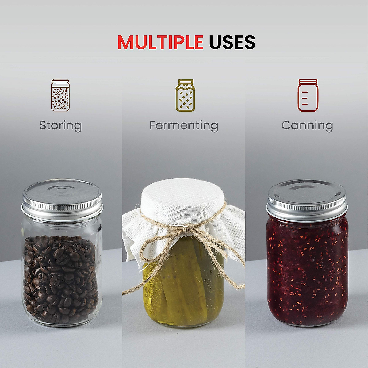 Glass Regular Mouth Mason Jars, Glass Jars with Silver Metal Airtight Lids for Meal Prep, Food Storage, Canning, Drinking, Overnight Oats, Jelly, Dry Food, Spices, Salads, Yogurt (10 Pack) (12 Ounce)