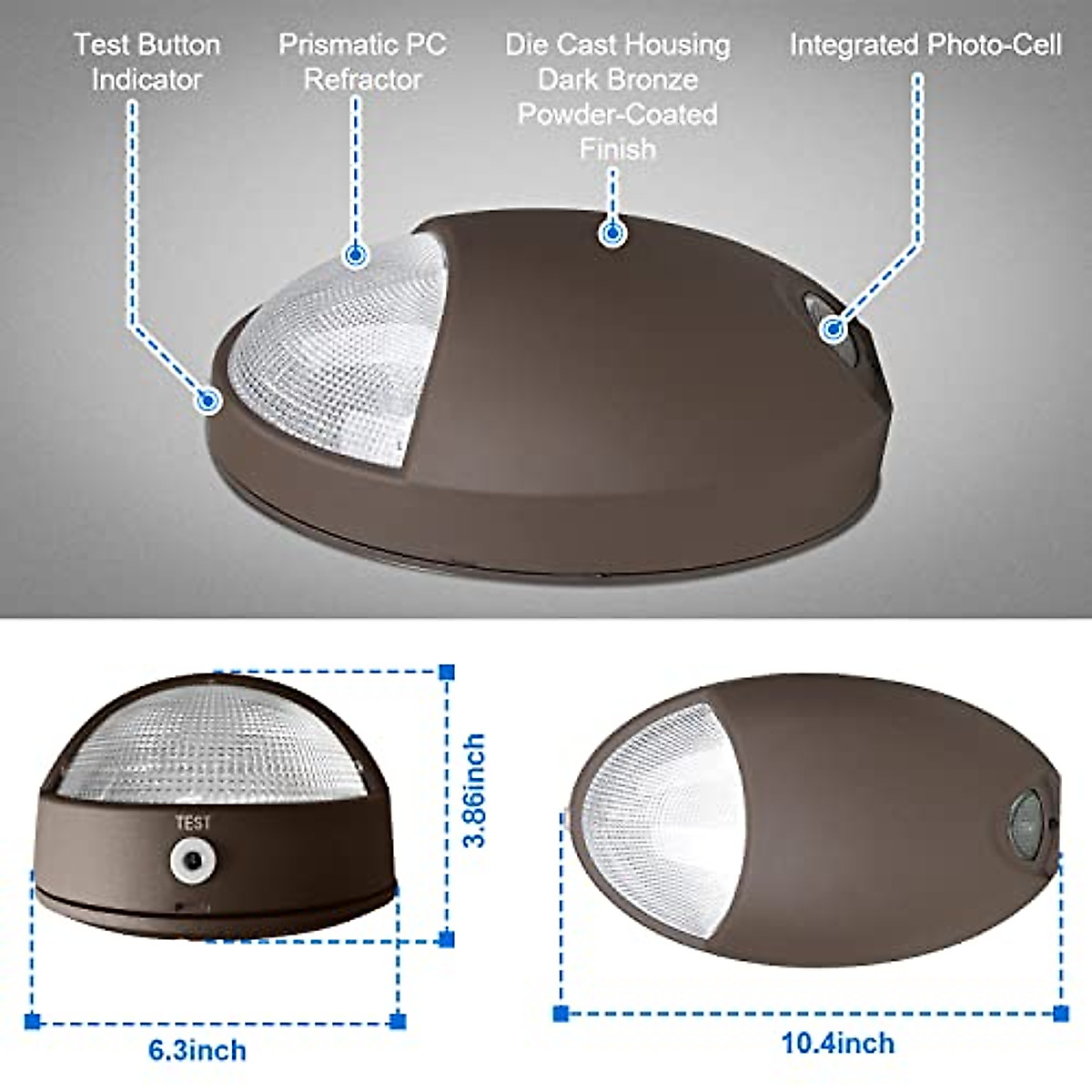 LED Emergency Light with Battery Backup and Photocell Sensor, Waterproof Self Test Diagnostics Commercial LED Outdoor Wall Emergency Light Fixtures, Aluminum Housing 12W 120-277VAC UL Listed (6-Pack)