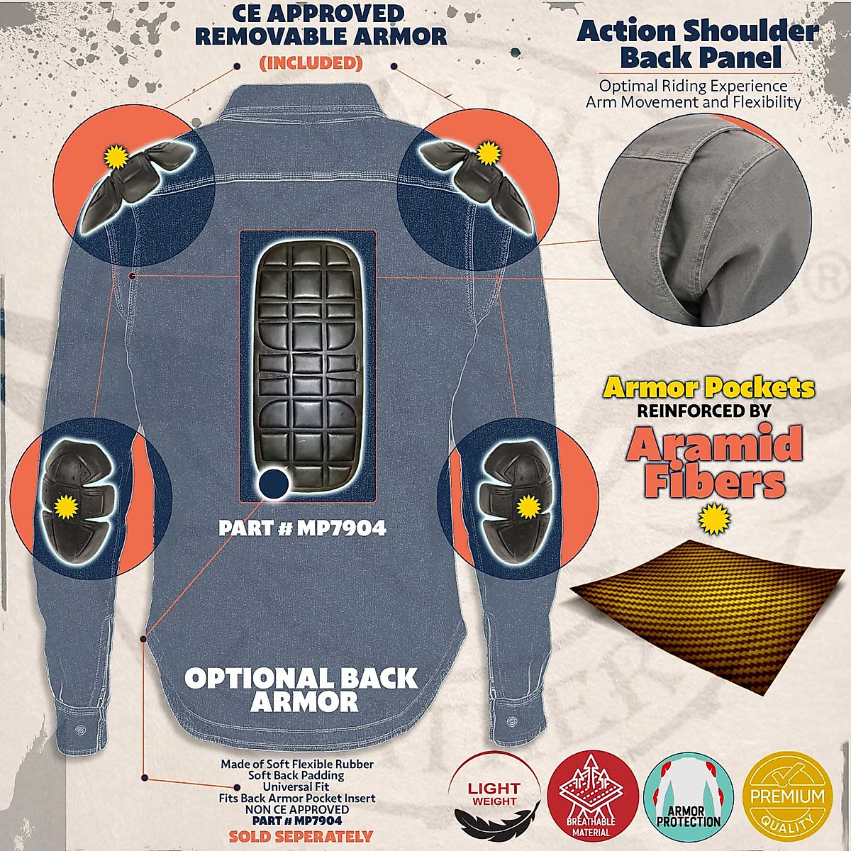 Milwaukee Leather MPM1621 Men's Grey Flannel Biker Shirt with CE Approved Armor - Reinforced w/Aramid Fibers - 3X-Large