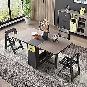 FUNROLUX Folding Dining Table and 4 Piece Folding Chair Set Grey Extendable Dining Table Holds 4 Chairs with Storage Rack and 2 Drawers