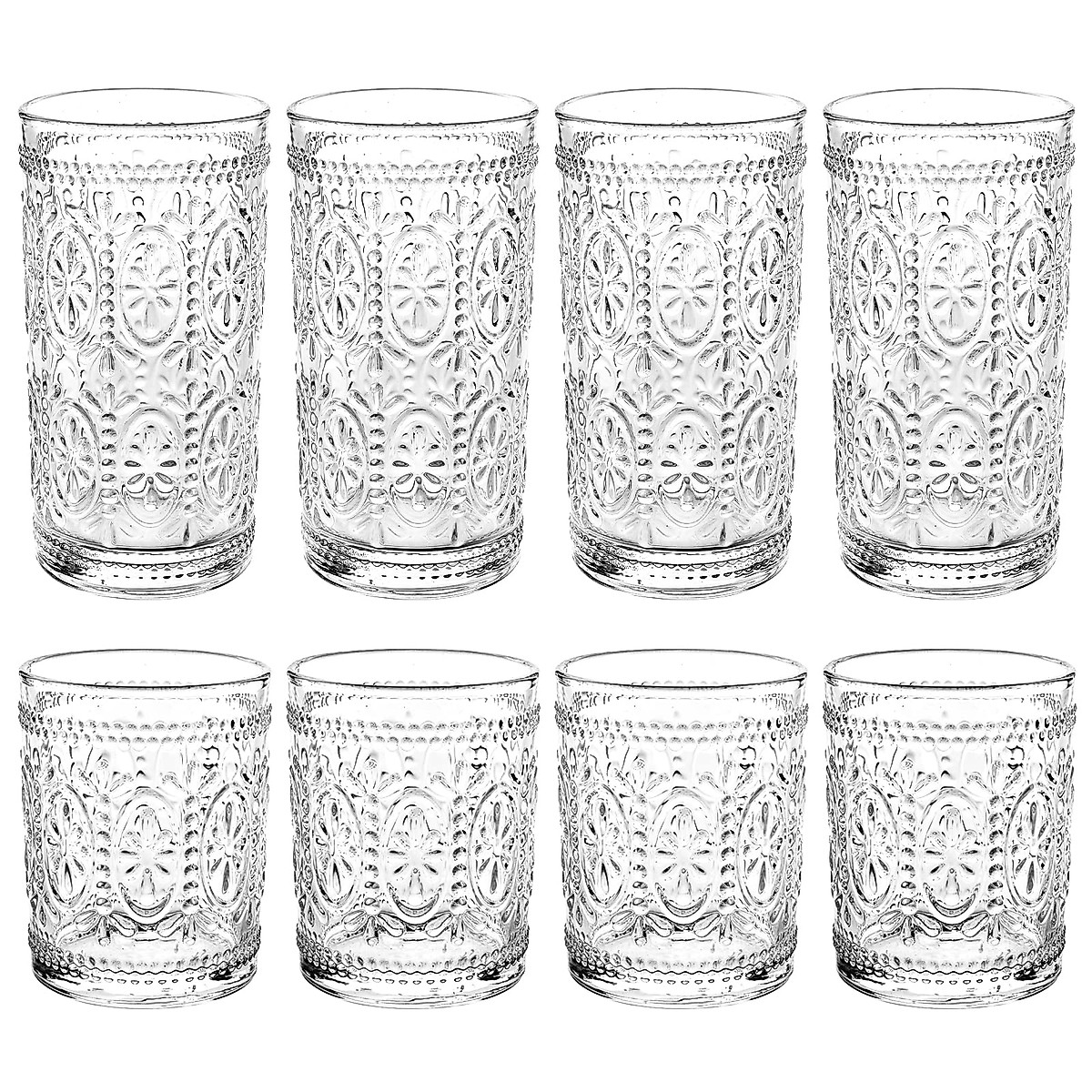 Bekith 8 Pack Drinking Glasses, 4 Highball Glasses (12 oz) and 4 Rocks Glasses (10oz), Romantic Water Glasses Tumblers, Vintage Glassware Set for Beverages, Beer, Juice, Cocktail