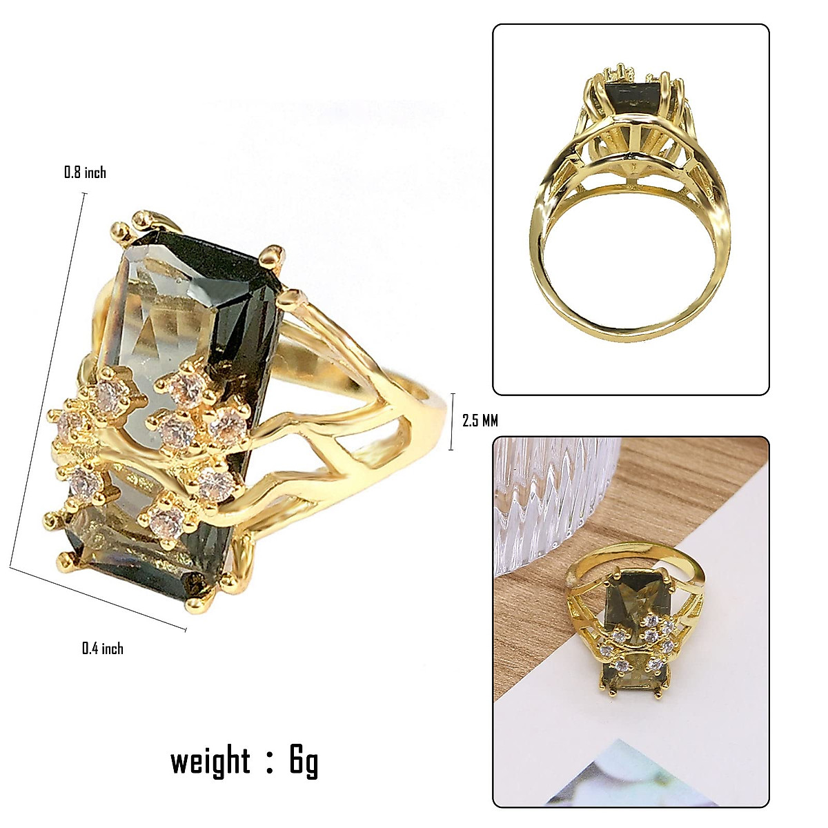 HSQYJ Luxury Champagne Crystal Rectangle Wedding Ring Flower Zirconia Cocktail Exaggeration Engagement Charm Statement Jewelry Finger Rings for Women Gift Gold Plated