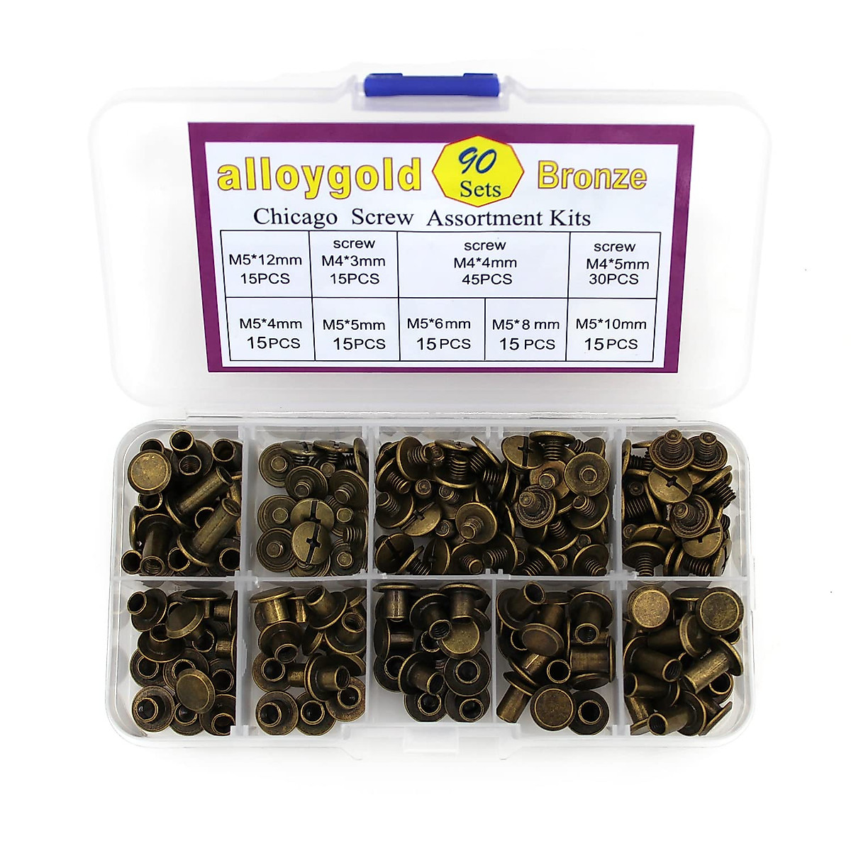 90 Sets Bronze Chicago Screws Leather Assorted Kit ，6 Sizes of Screw Rivets for Leather Rivet for DIY Leather Craft and Bookbinding (M5 X 4, 5, 6, 8, 10, 12)