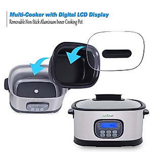 NutriChef Slow Cooker Electric Steamer - Sous Vide Cooking Mode, Stainless Steel High Pressure Multi-Cooker Crock Pot with Digital LCD Display, 11 Preset Cooking Modes, 6.5 Quart Capacity AZPKPC45