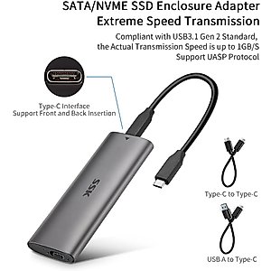 SSK Aluminum M.2 to USB NVMe SATA SSD Enclosure Reader, Tool-Free USB 3.2 Gen 2 10Gbps NVMe PCI-E 6Gbps SATA M-Key / B+M Key Solid State Drive External Adapter With UASP Trim, for SSDs 2242 2260 2280