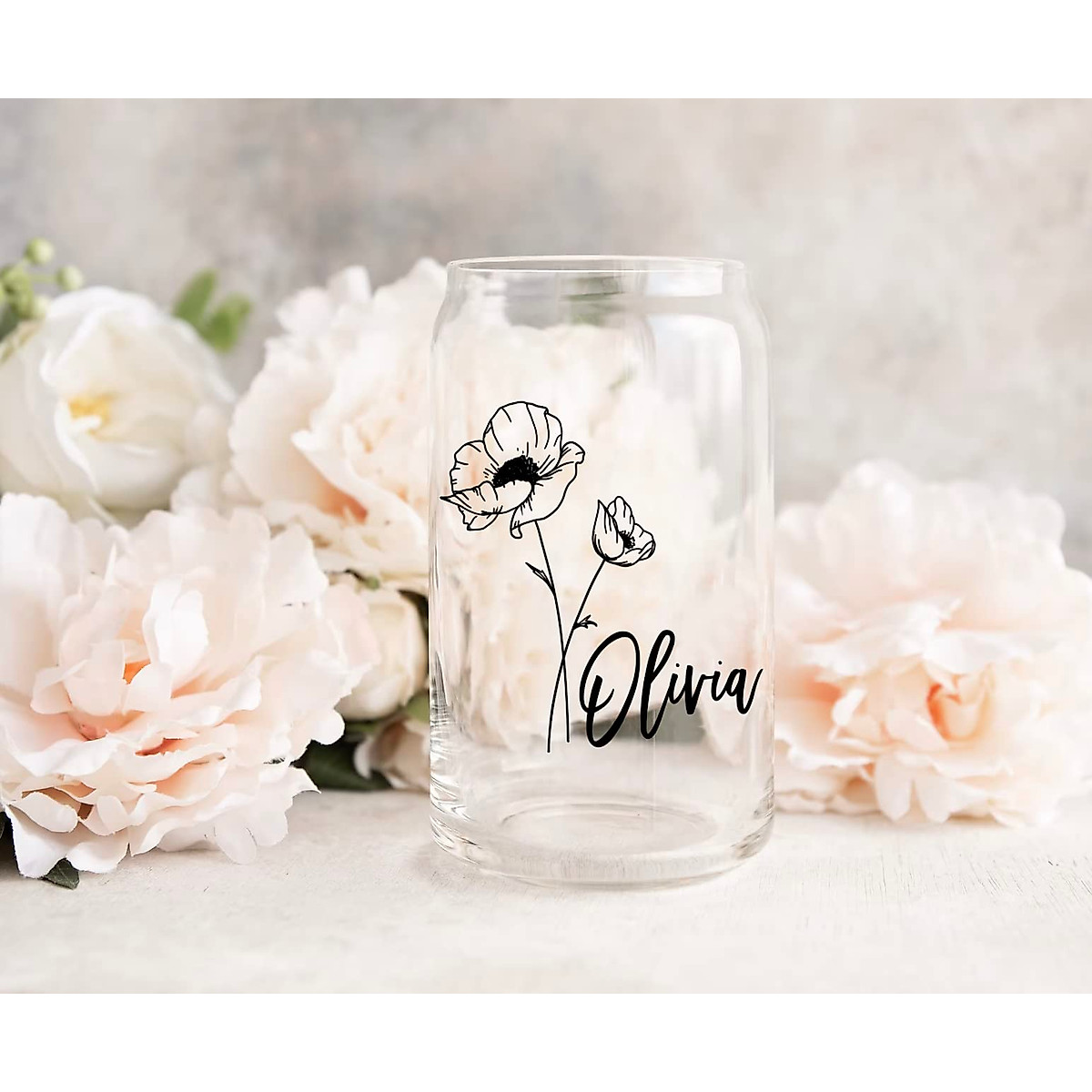 Home and Plan Personalized Birth Flower Jar Cup with Bamboo Lid & Plastic Straw, 16 oz, Bridesmaids, Bachelorette Gifts, Gifts for Mom, Flower Design Tumbler, Iced Coffee Glass