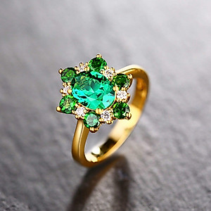 KnBoB Women Flowers Oval Shape 1.67ct Emerald Ring 18K Yellow Gold Promise Wedding Engagement Bridal Anniversary Ring Size 10.5