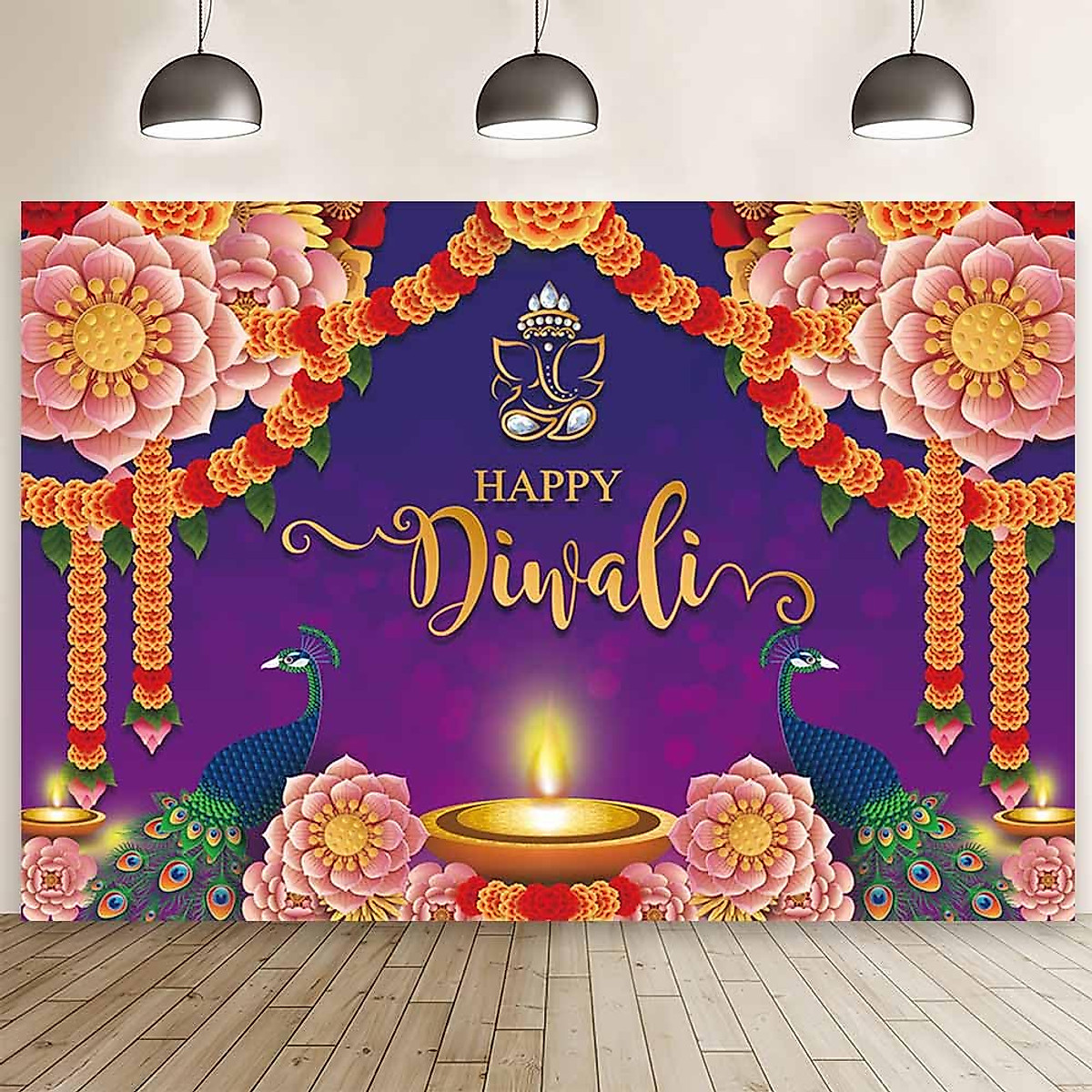 MEHOFOND 7x5ft Happy Diwali Party Backdrop Purple India Light Festival Photography Background Candle Burning Light Floral Peacock Diwali Party Decorations Cake Table Banner Photo Studio Supplies