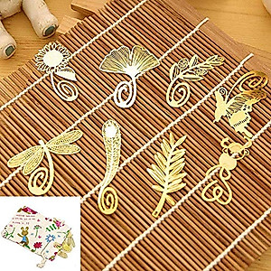 yueton Pack of 8 Cute Cartoon Art Feather Butterfly Dragonfly Gingkgo Monkey Pred Perry Sunflower Olive Branch Metal Gold Bookmarks Book Mark Reading New Novelty + Free Gift