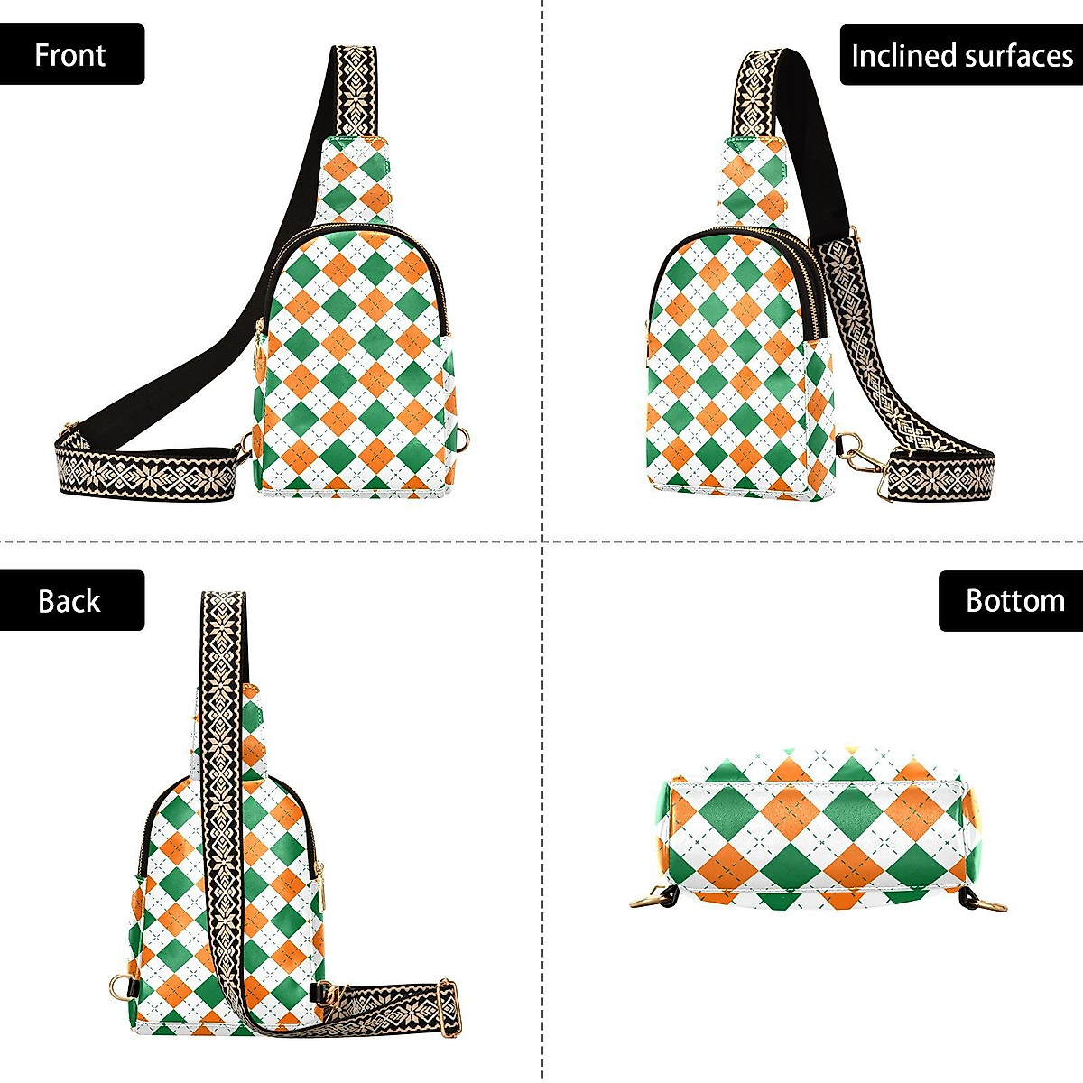 Women Crossbody Sling Backpack St-patrick-green-orange-plaid Girl Chest Bag Daypack for Hiking Traveling