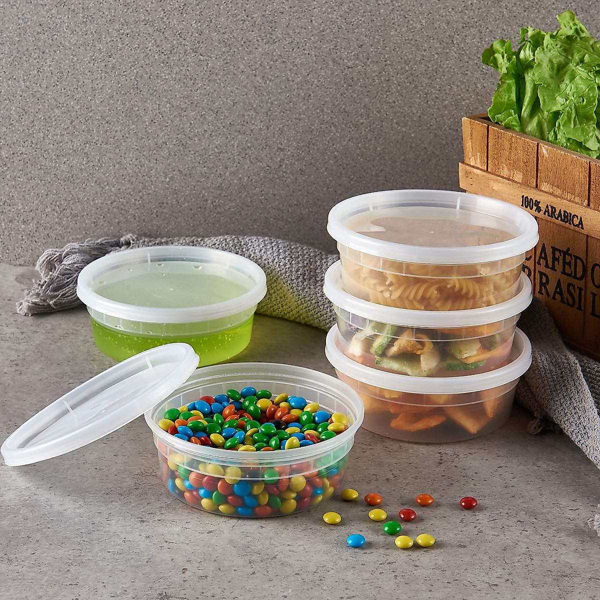 FULING [48pack 8oz Plastic Containers with Lids Deli Disposable Food Storage Takeout Containers Airtight BPA-Free Leakproof Round Bowls for Soup Salad Restaurant Supplies with Clear Lids